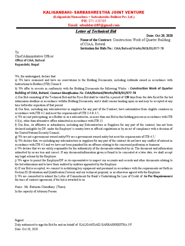 Sample For Latter of Techanical Bid | PDF | Audit | Business
