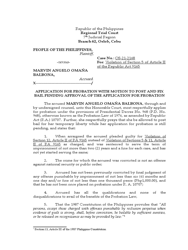 Application For Probation With Motion To Post Bail | PDF | Bail | Probation