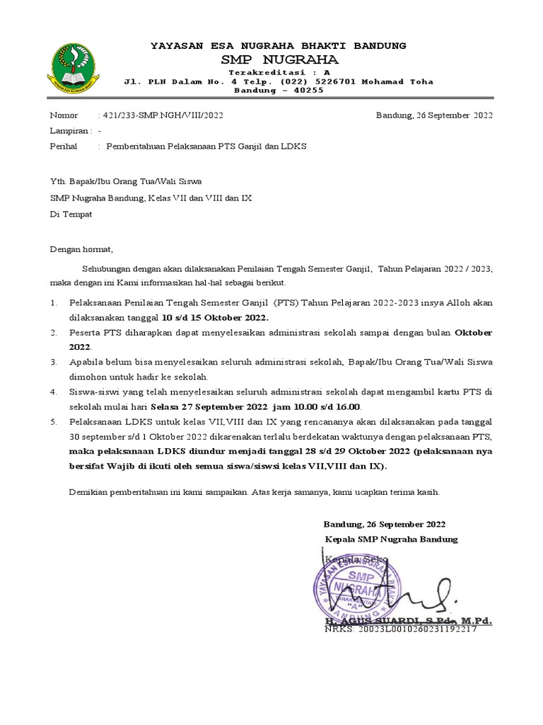 Surat Pemberitahuan Pelaksanaan PTS Ganjil Dan LDKS Untuk Orang Tua ... Surat Pemberitahuan Pelaksanaan PTS Ganjil Dan LDKS Untuk Orang Tua ...