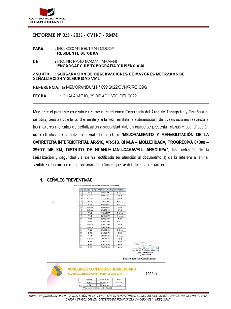Informe 23 Subsanacion A Mayores Metrados de Señalizacion Vial | PDF | Industrias de servicio