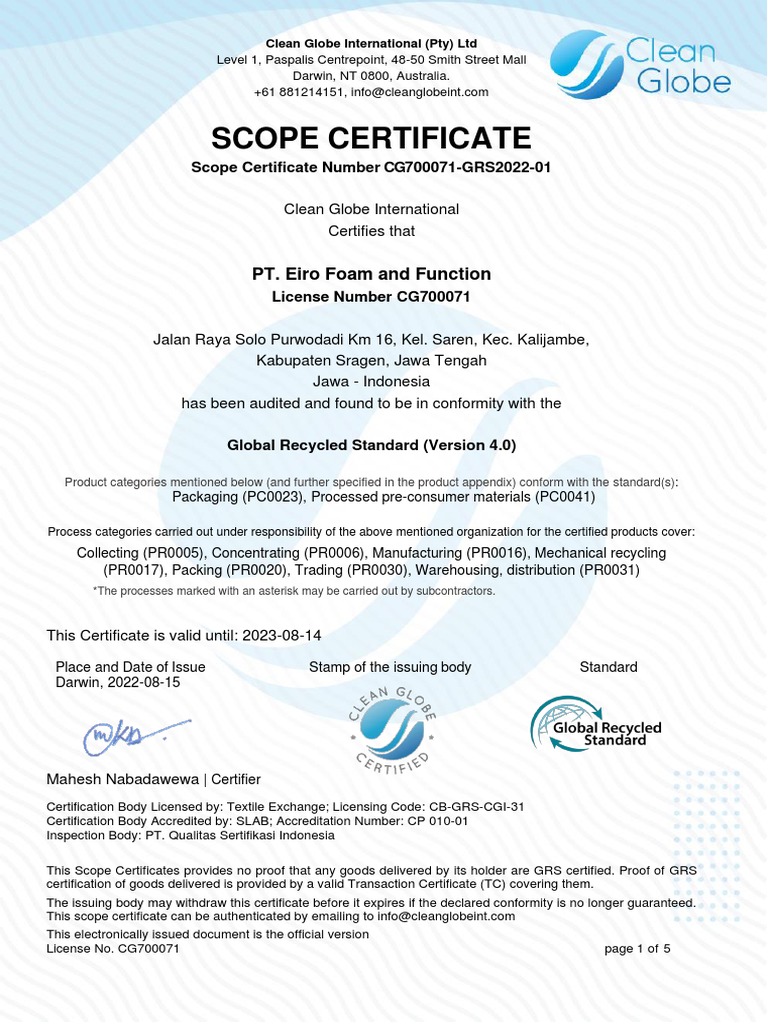 GRS Scope Certificate 2022 CG700072 | PDF | Packaging And Labeling ...