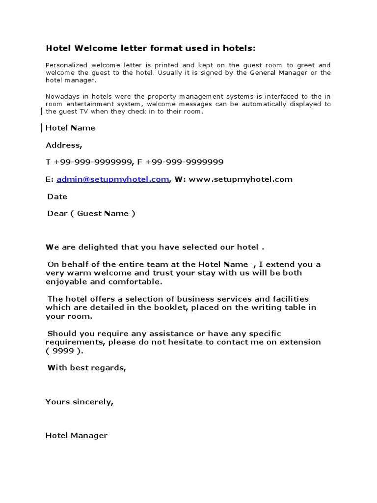 Hotel Welcome letter format | PDF