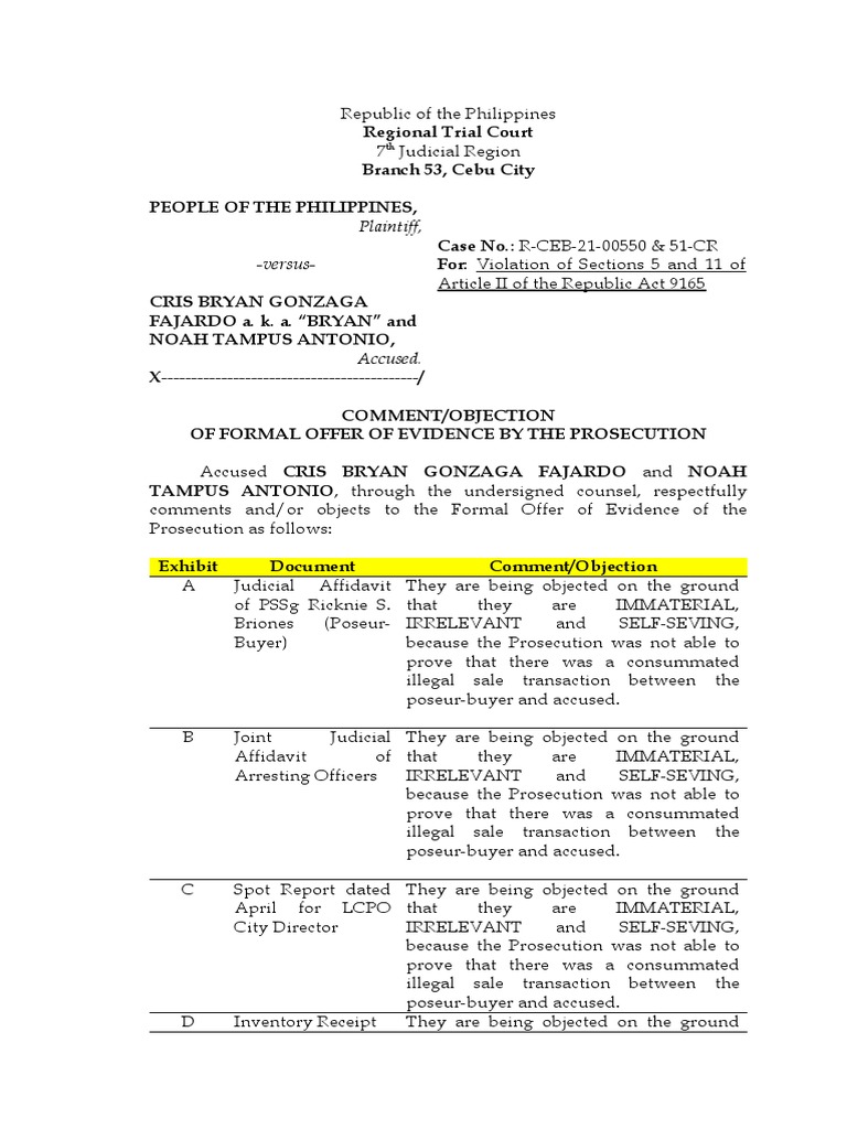 Comment To Formal Offer of Evidence | Download Free PDF | Prosecutor ...