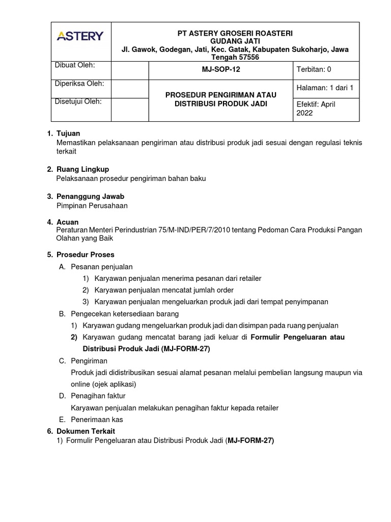 SOP-12-Prosedur Pengiriman Atau Distribusi Produk Jadi | PDF