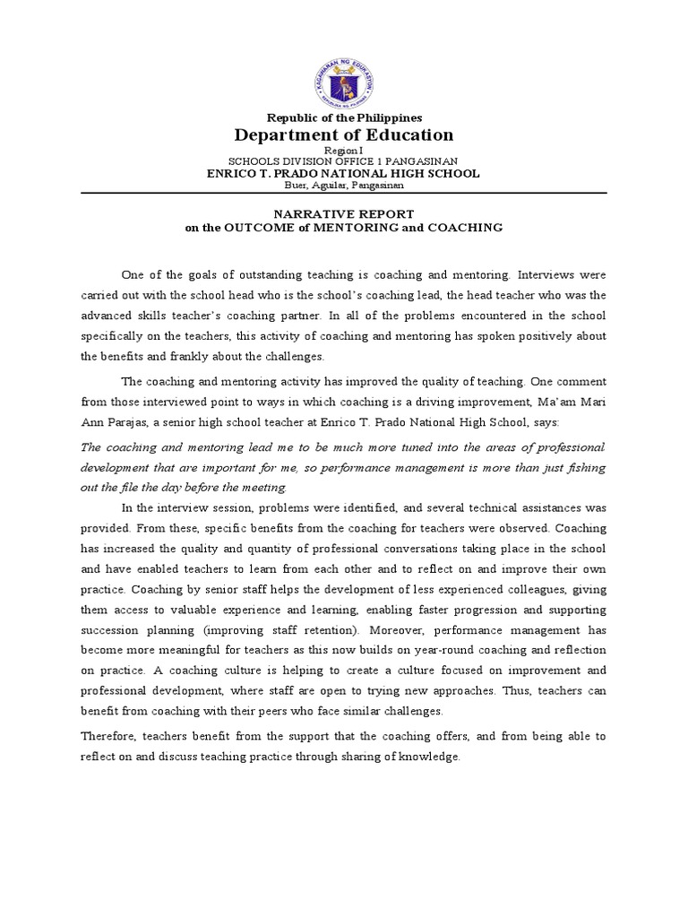 Narrative Report in Coaching and Mentoring | PDF | Mentorship | Teachers