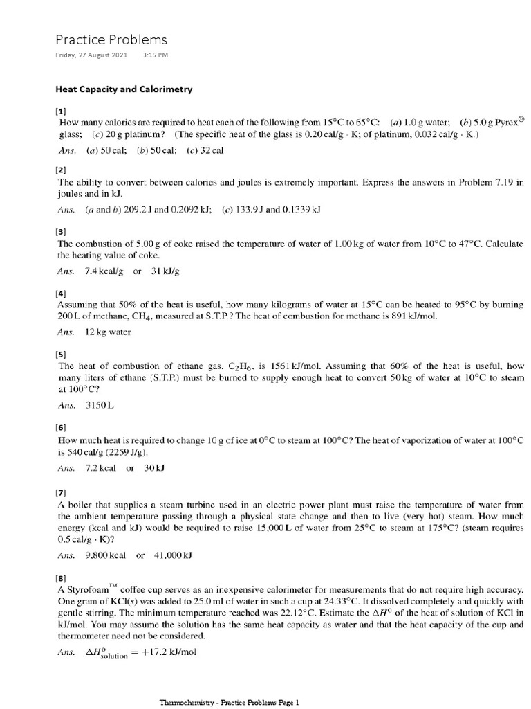 Thermochemistry Worksheets With Answers