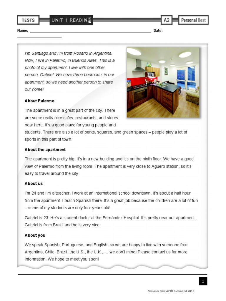 Personal Best A2 Unit 1 Reading Test | PDF | Subject (Grammar) | Human ...