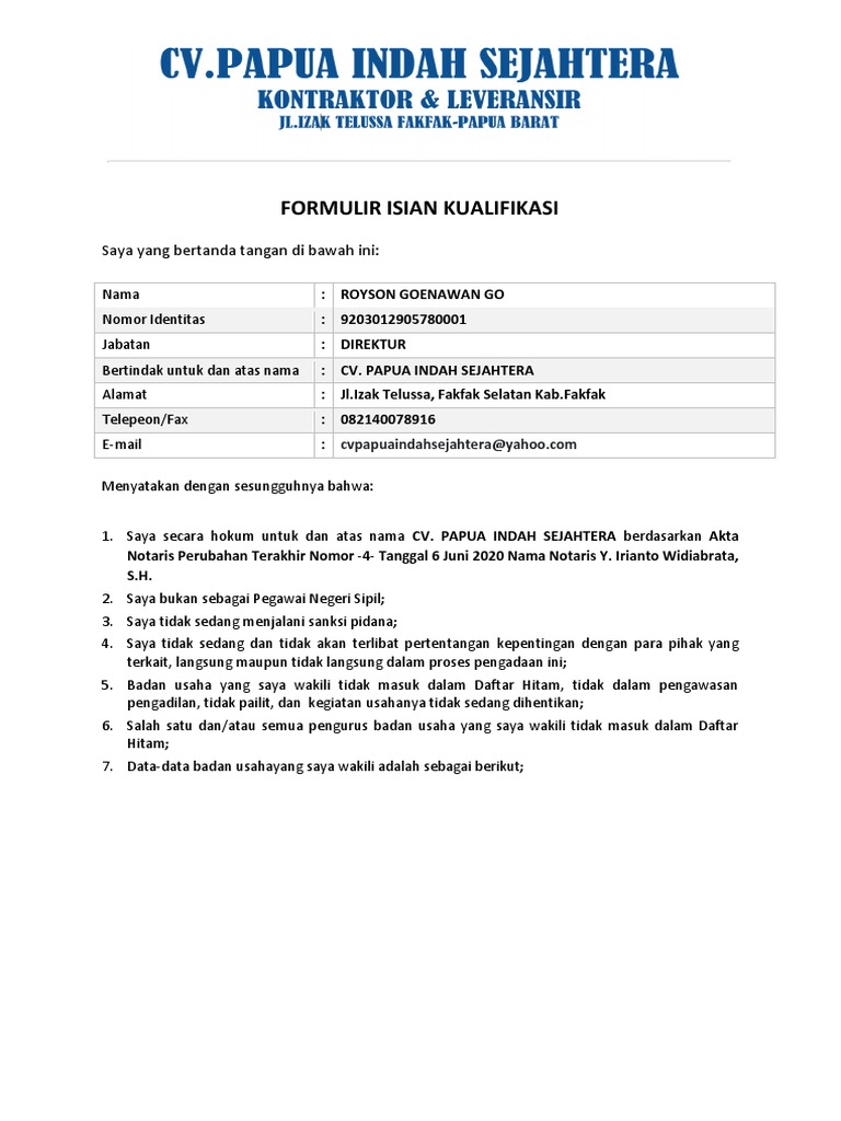 Formulir Isian Kualifikasi CV PIS | PDF