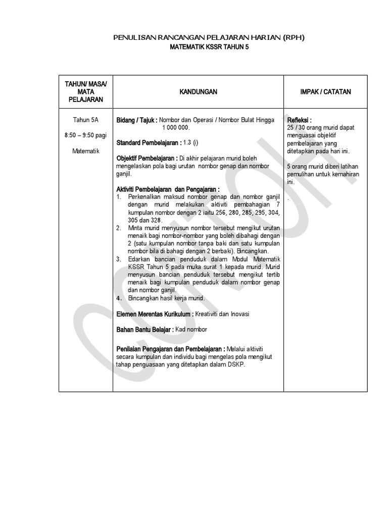 Contoh RPH Matematik Tahun 5 | PDF