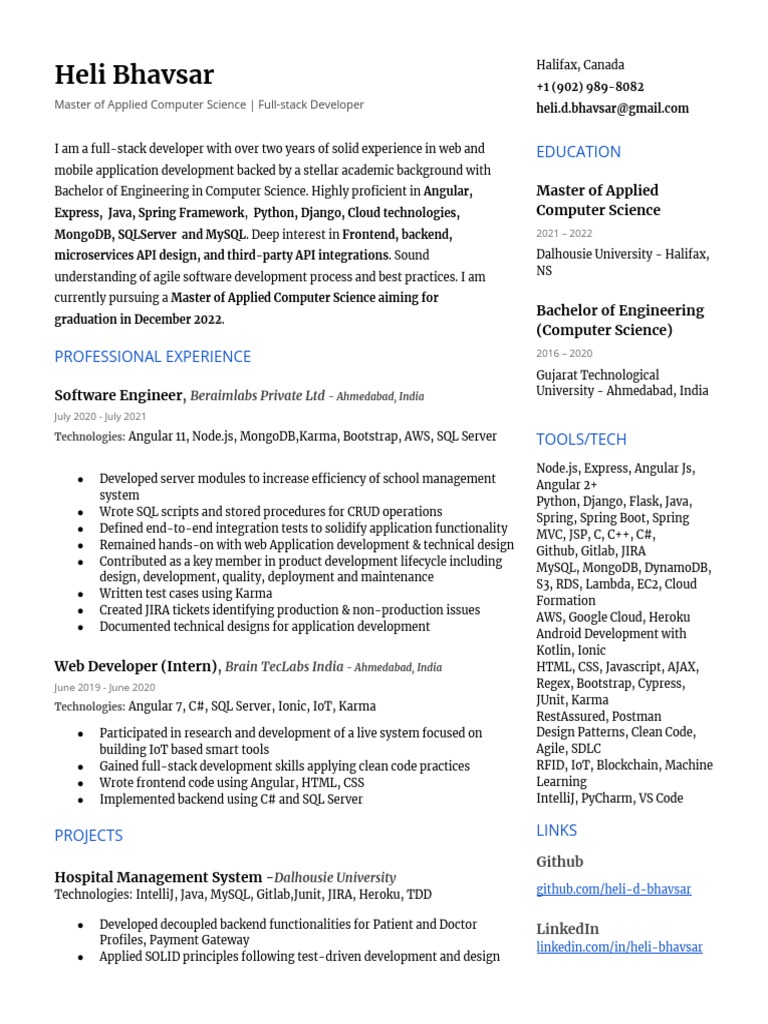 Heli Bhavsar: Education | PDF | Databases | Spring Framework