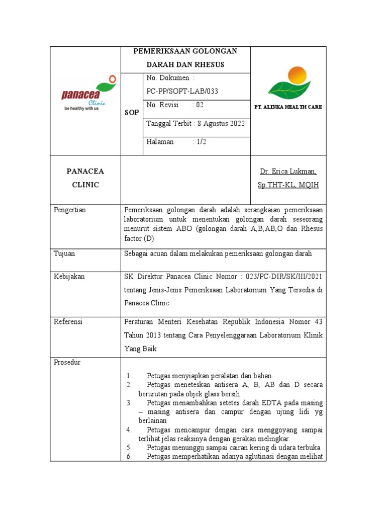 3.a.1.5 Sop Pemeriksaan Golongan Darah Dan Rhesus | PDF