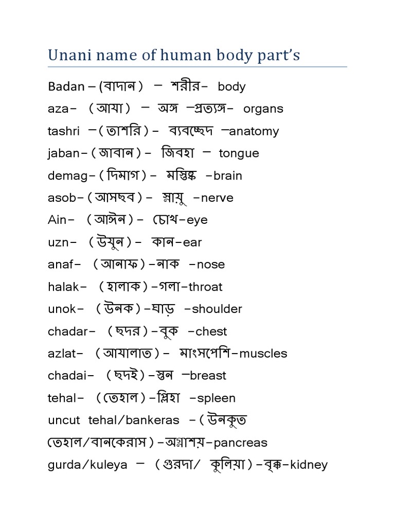 Unani Name of Human Body | PDF