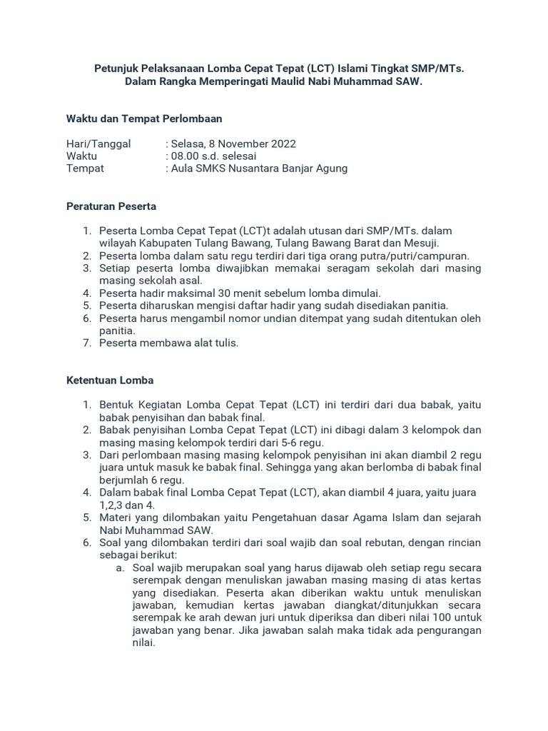 Petunjuk Pelaksanaan LCT Tingkat SMP Dan MTs. | PDF