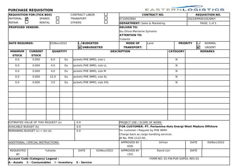 Purchase Requisition - 2022 EPR00165 SM Y | PDF | Business | Economies