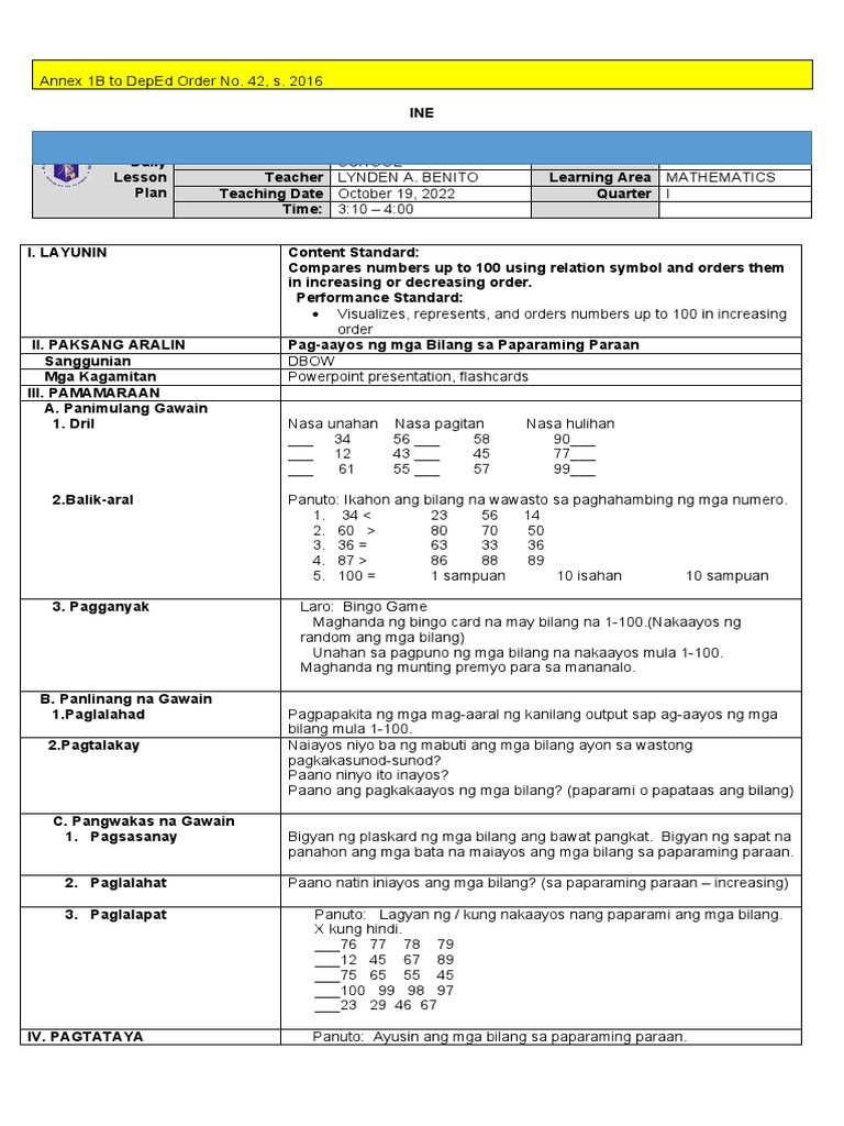 LP - Math 1 Quarter 1 10-19 - 22 - Numbers Uo To 100 in Increasing Order | PDF