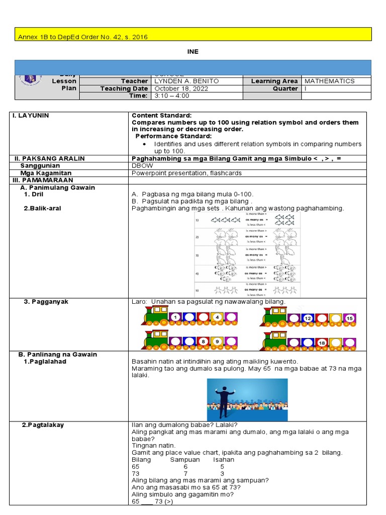 LP - Math 1 Quarter 1 10-18-22 - Relations in Comparing Numbers Up To 100 | PDF