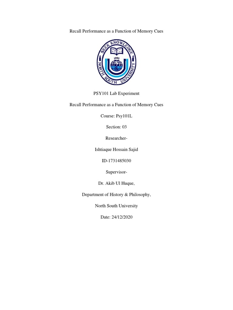 Report 1 - Recall Performance As A Function of Memory Cues | PDF ...