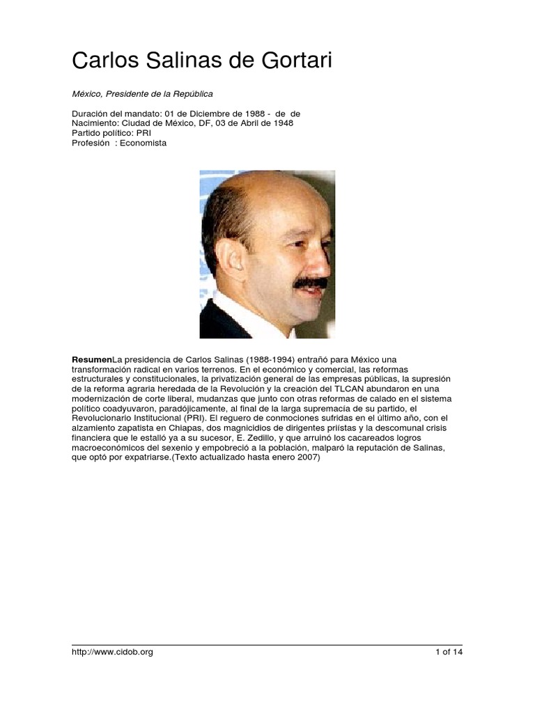 Carlos Salinas de Gortari: México, Presidente de La República | PDF ...
