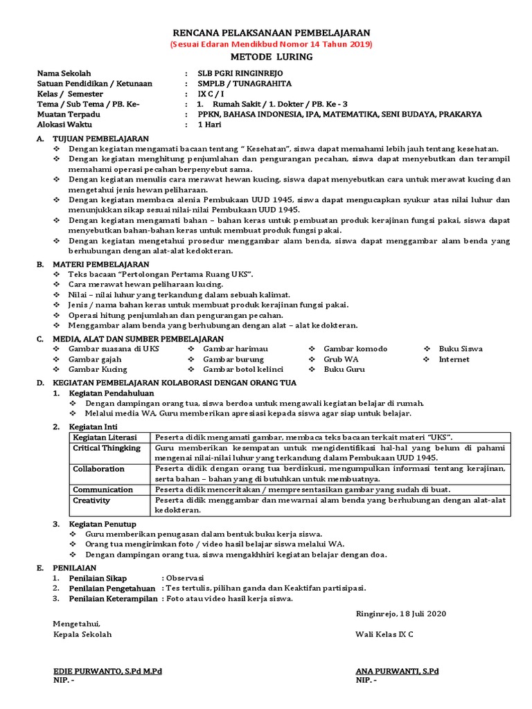 RPP Kelas Ix Tunagrahita Tema 1 | PDF