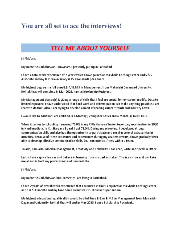 Tell Me About Yourself | PDF | Job Hunting | Internship