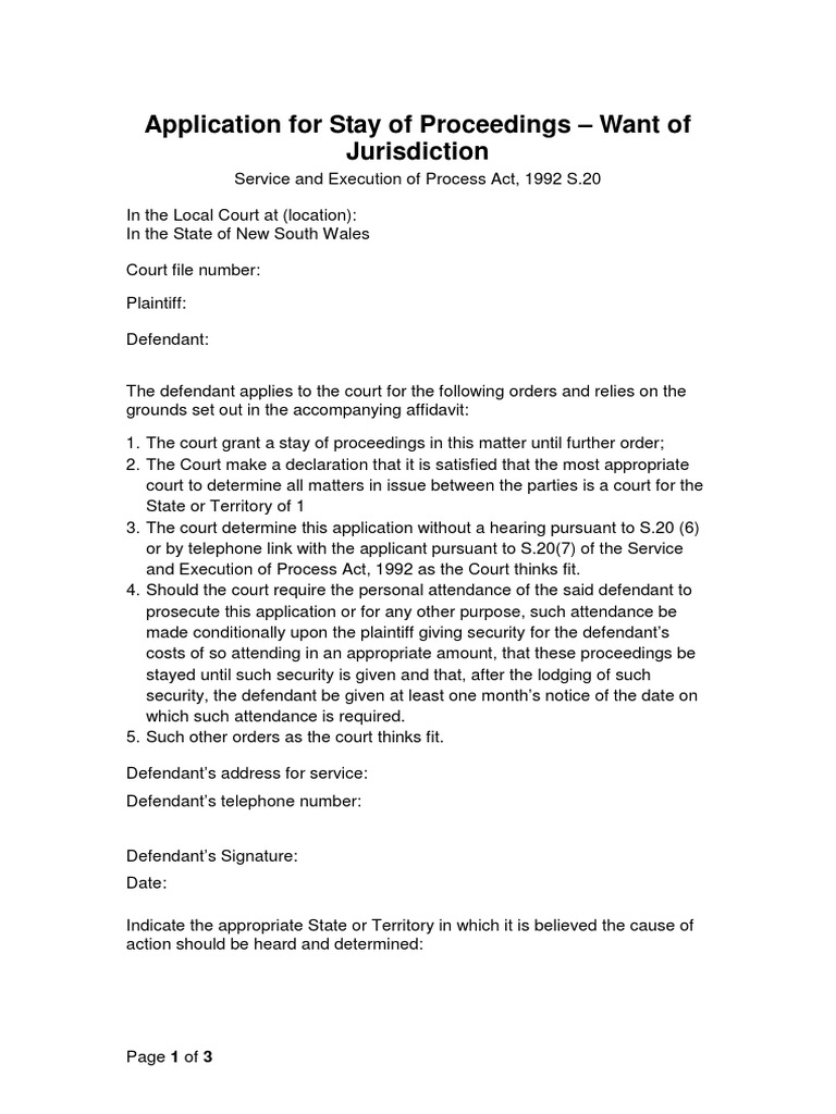 Application For Stay of Proceedings - Form 20 | PDF | Affidavit ...