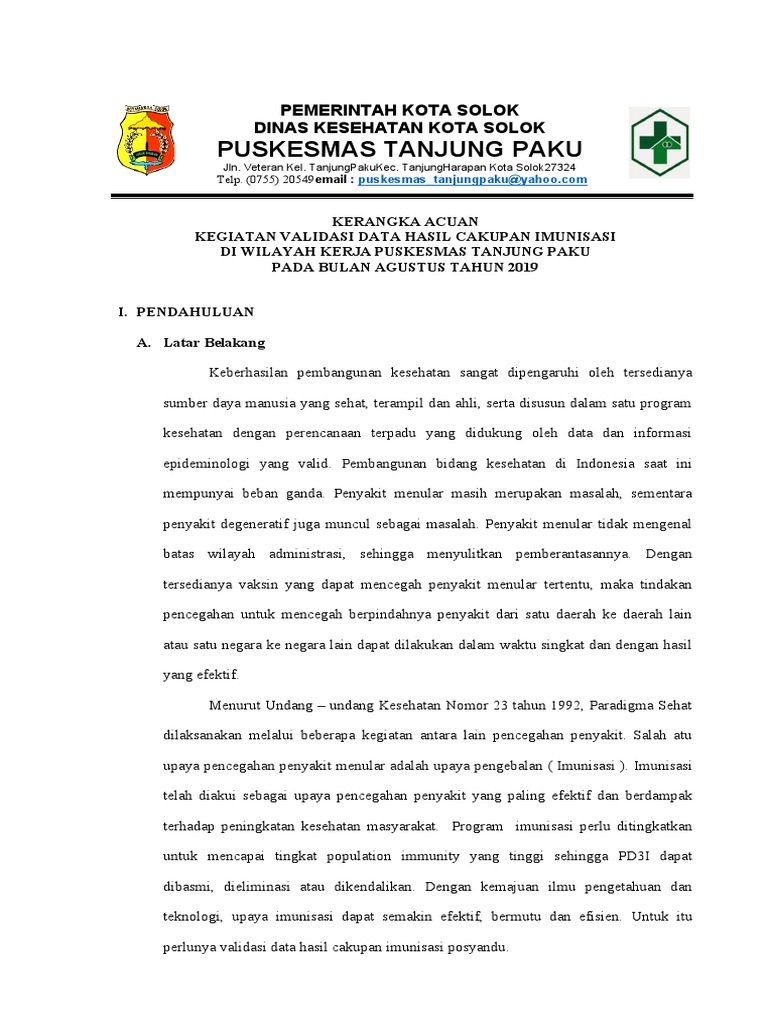 Kerangka Acuan Kegiatan Validasi Data 2019 | PDF