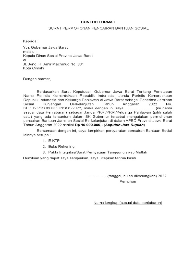 Contoh Format Surat Permohonan Pencairan Bansos & SPTJM | PDF
