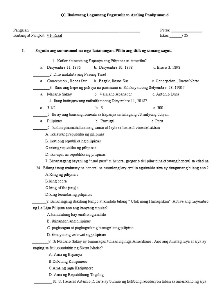 Q1 Ikalawang Lagumang Pagsusulit Sa Araling Panlipunan 6 | PDF