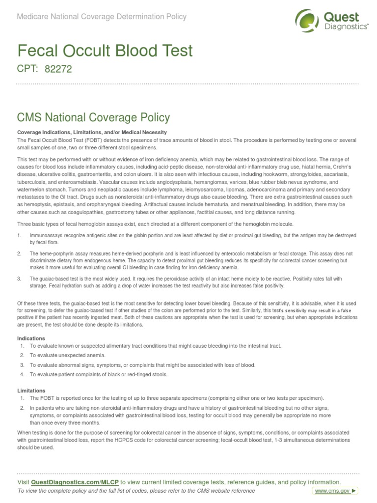 National - MLCP - 190 34 - Fecal Occult Blood Test | PDF | Clinical ...