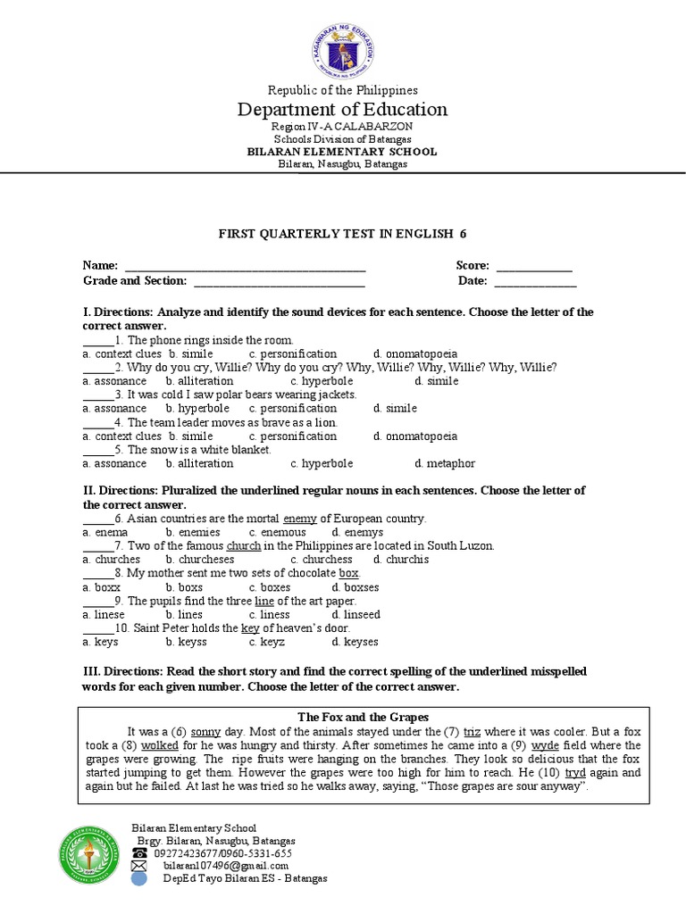 1st Quarterly Test in English 6 | PDF
