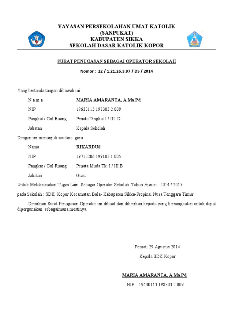 Penunjukan Rikardus sebagai Operator Sekolah SDK Kopor tahun ajaran ...