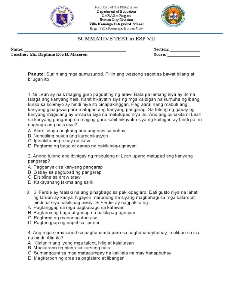1st Quarter Summative Test ESP7 | PDF