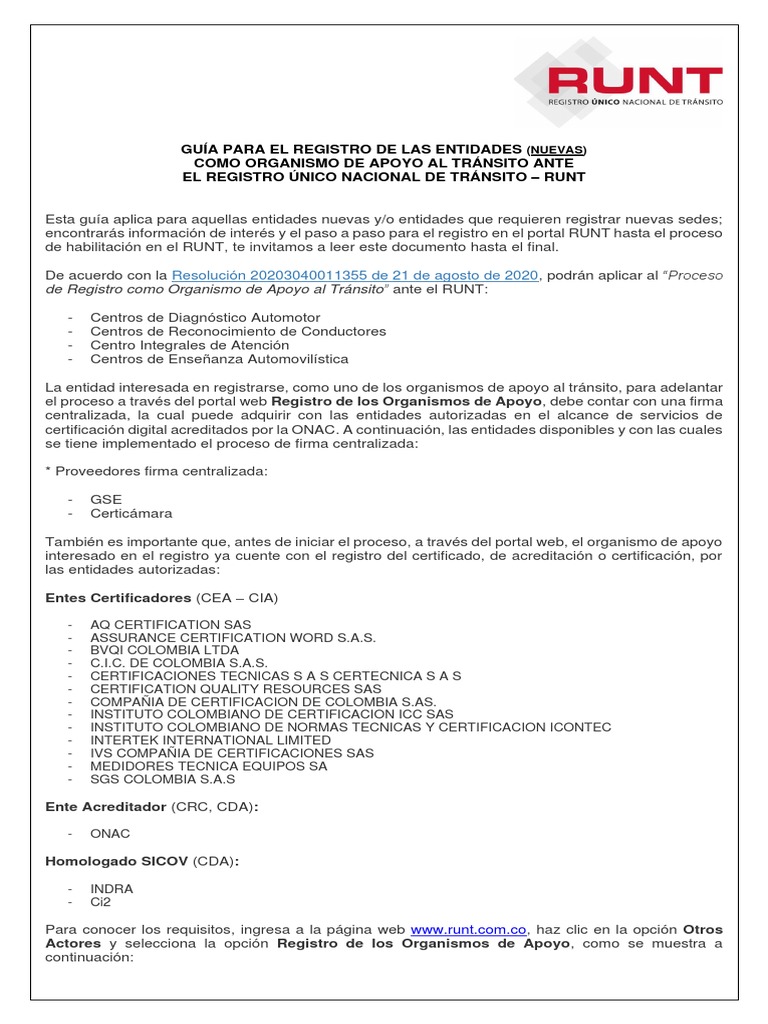 Guía para El Registro de Entidades Como Organismos de Apoyo Al Tránsito en El Runt | PDF ...