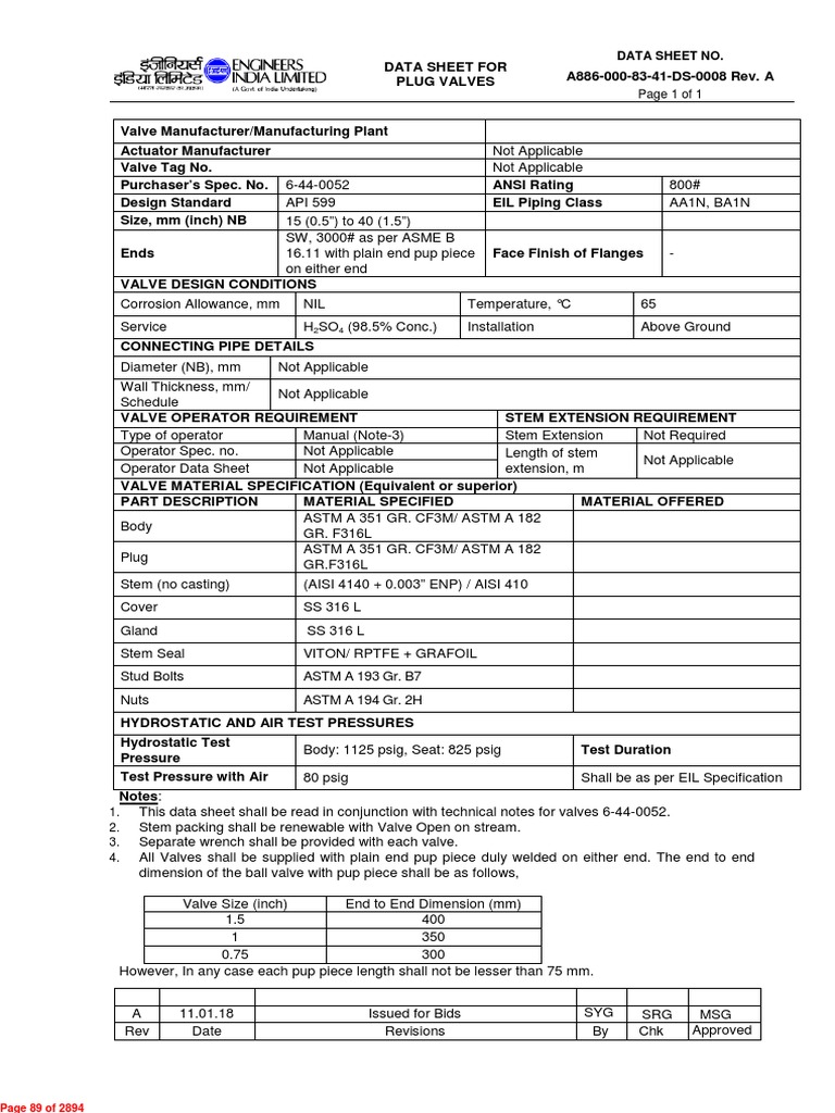 Data Sheet For Plug Valve | Download Free PDF | Valve | Pipe (Fluid Conveyance)