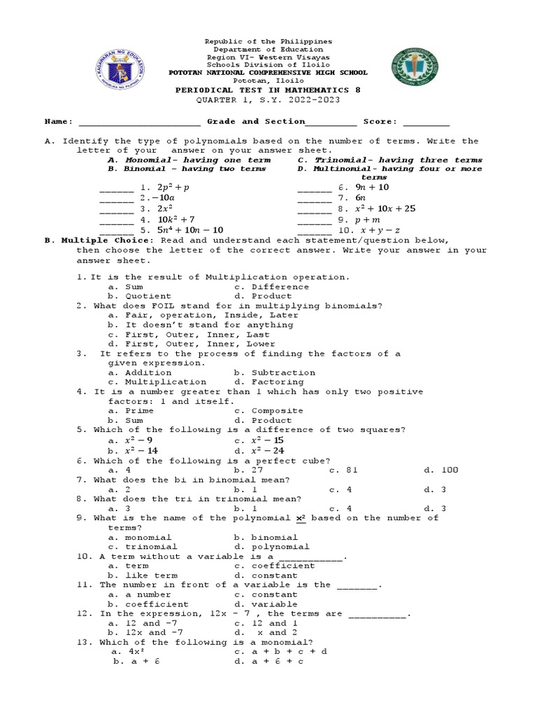 Quarter 1 Periodical Exam Sy 2022-2023 | PDF | Factorization | Algebra