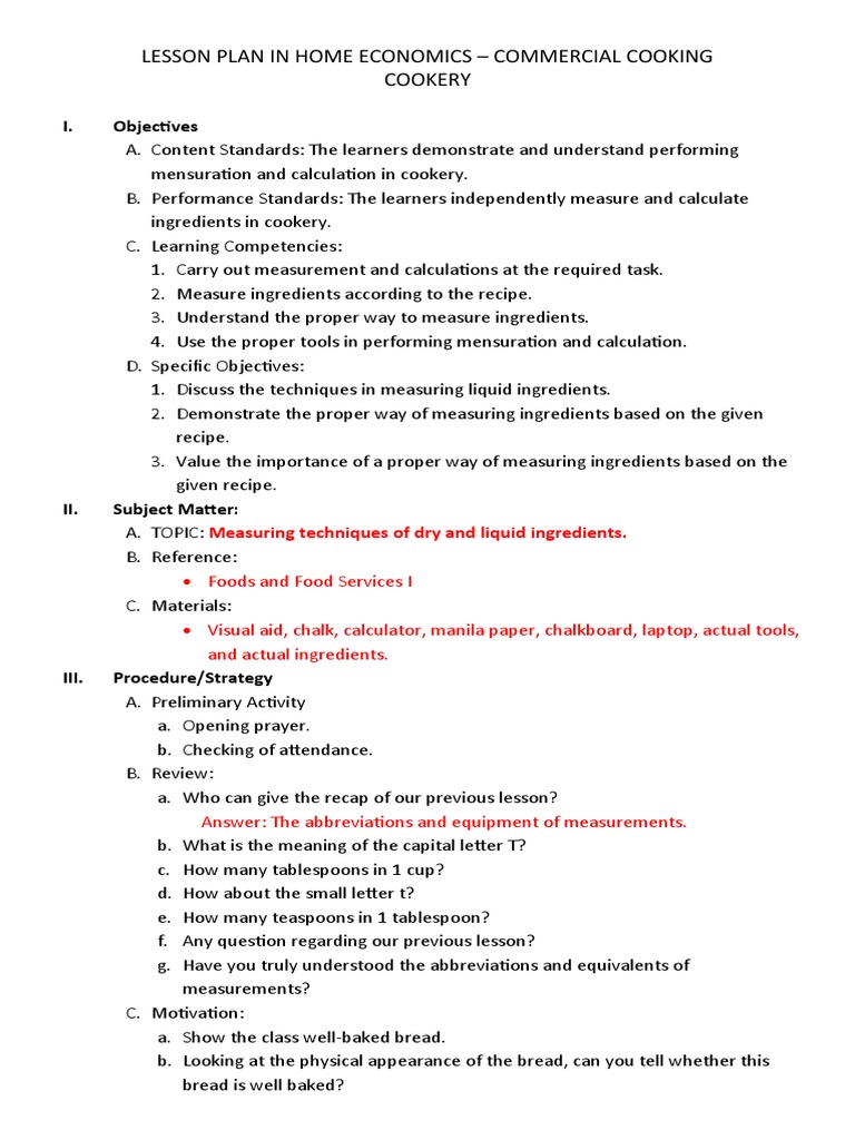 LESSON PLAN Cookery 2nd | PDF | Cooking | Flour