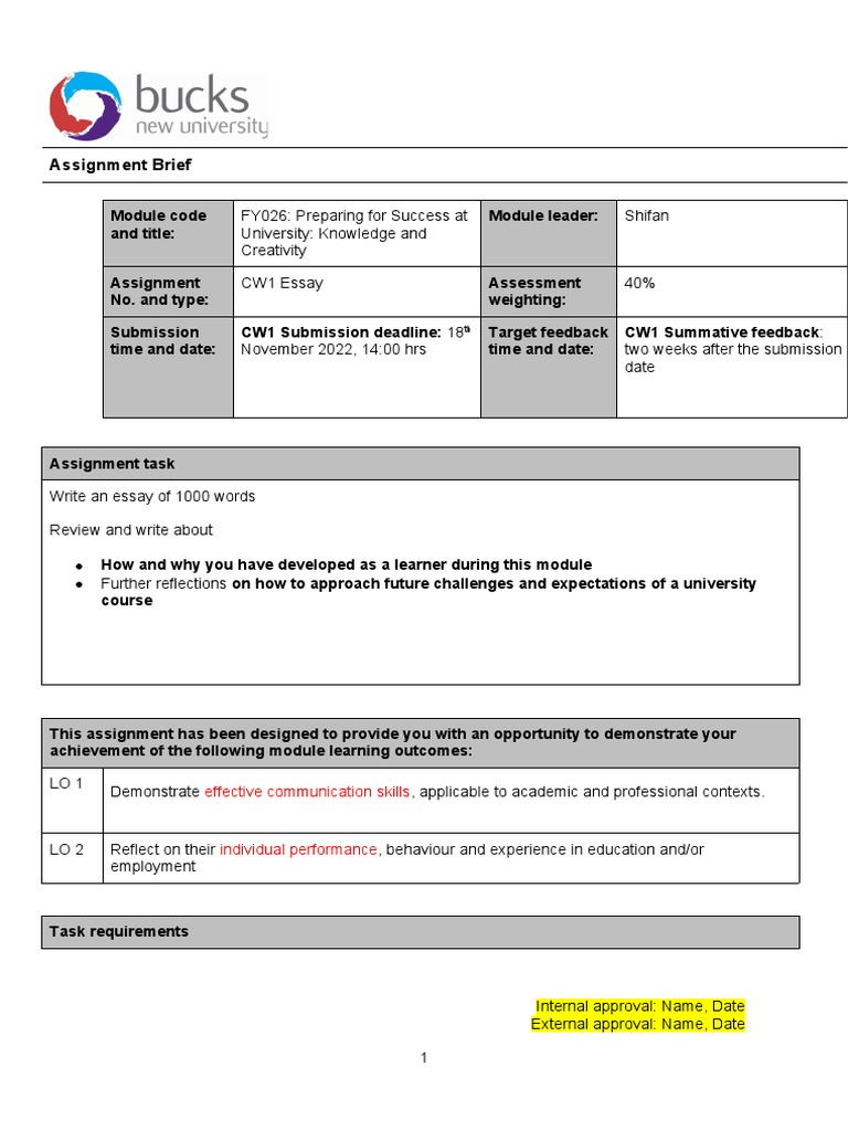 FY026 - PSKC - CW1 - Assignment Brief | PDF | Learning | Essays
