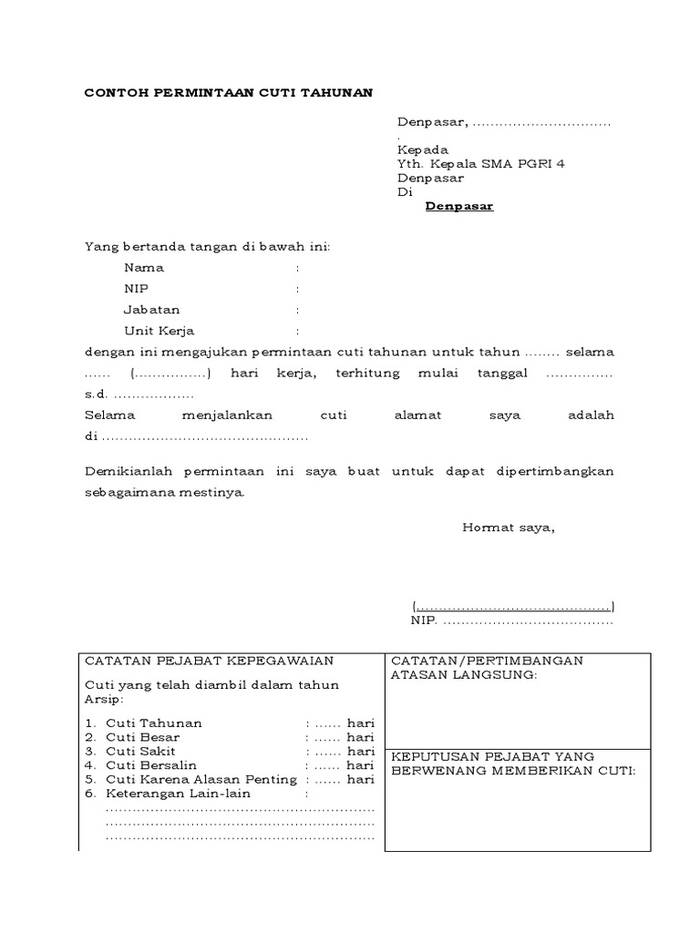 Contoh Surat Permohonan Cuti PNS | PDF