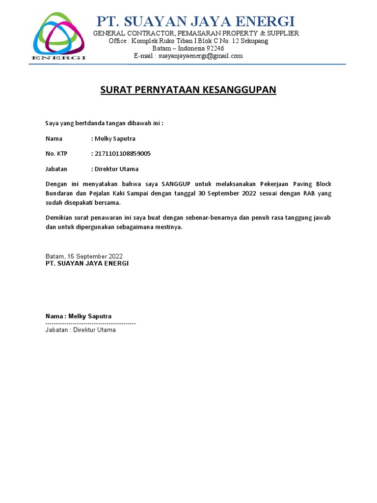 Surat Pernyataan Kesanggupan | PDF