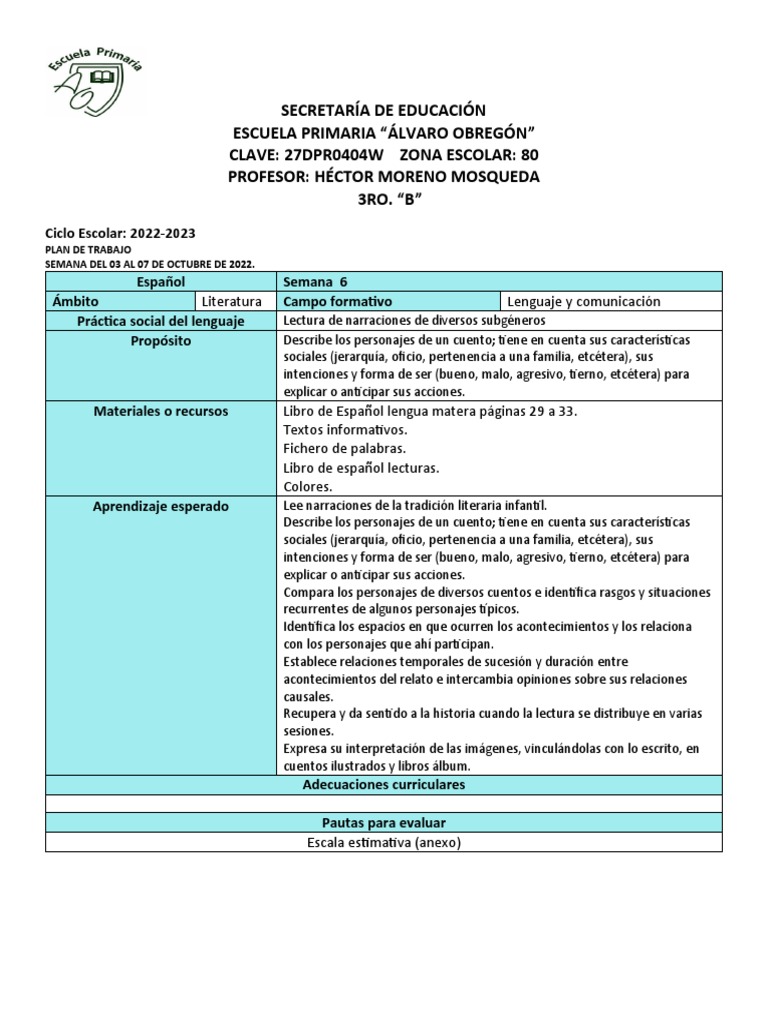 Planeación Didáctica, Semana 7, 3ero de Primaria. | PDF | Las emociones ...