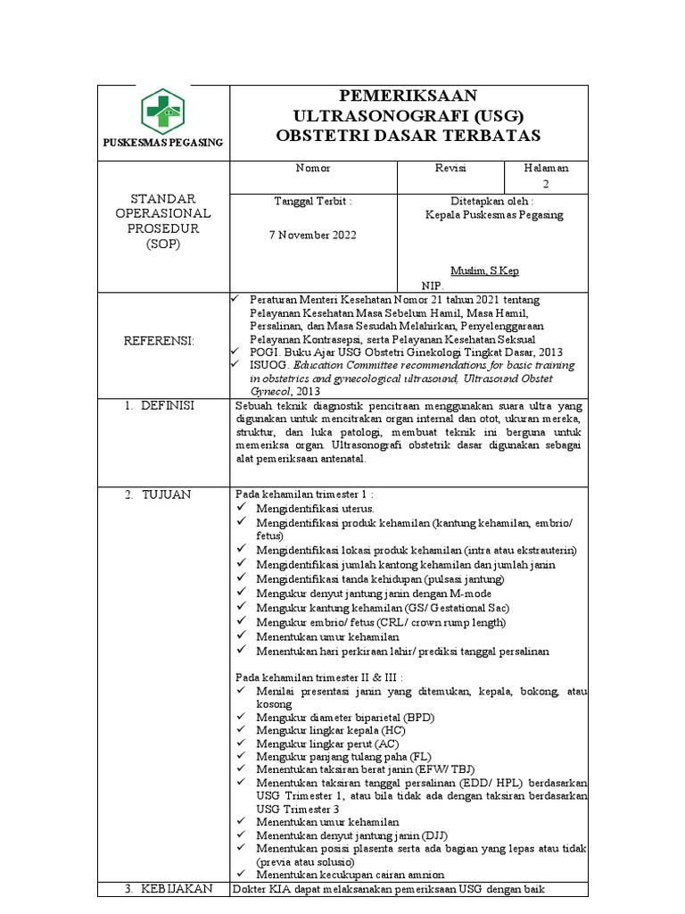 SOP Pemeriksaan USG Obstetri Dasar PKM Pegasing | PDF