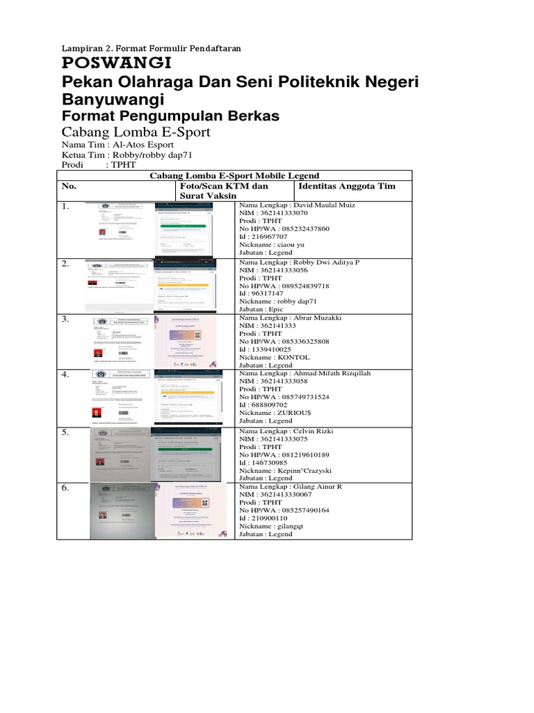 Formulir Pendaftaran Esport 1C TPHT | PDF
