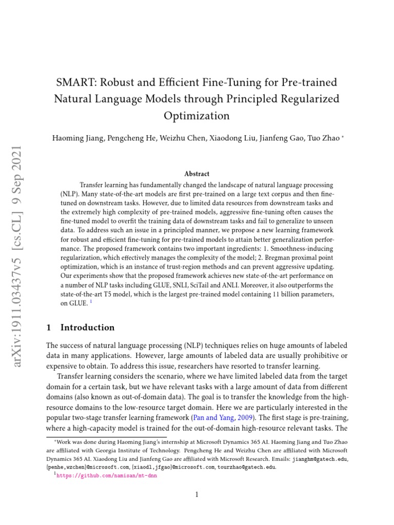 SMART: Robust and E Fficient Fine-Tuning For Pre-Trained Natural Language Models Through ...