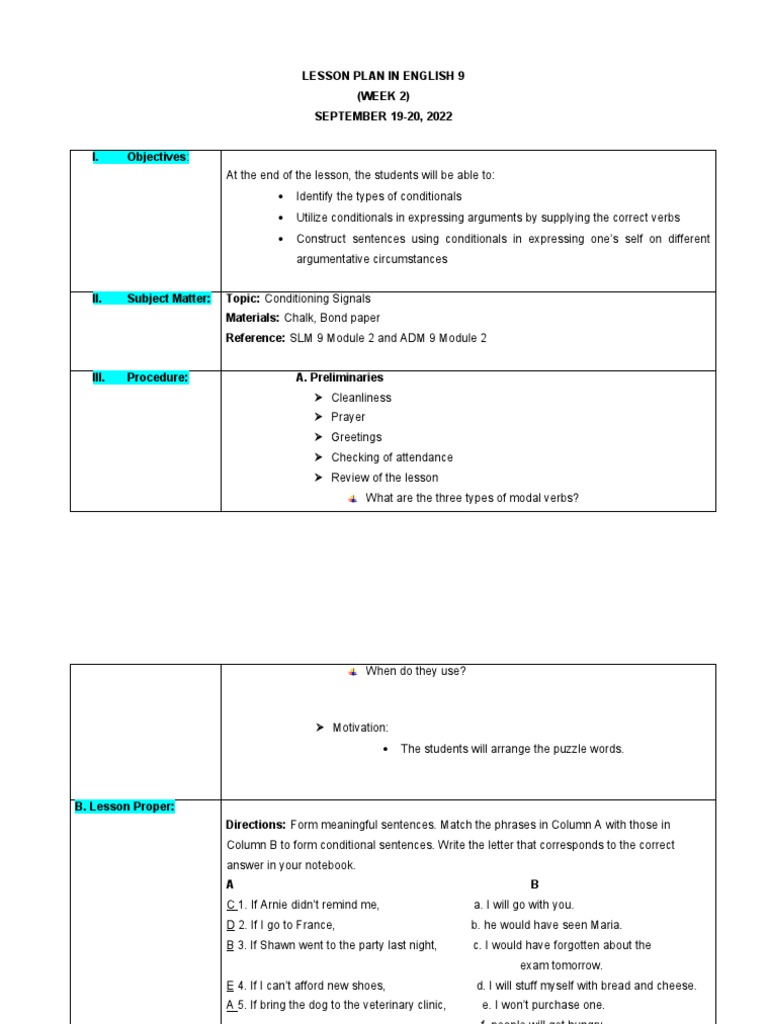 Lesson Plan in English 9 (Conditioning Signals | PDF | Linguistic ...