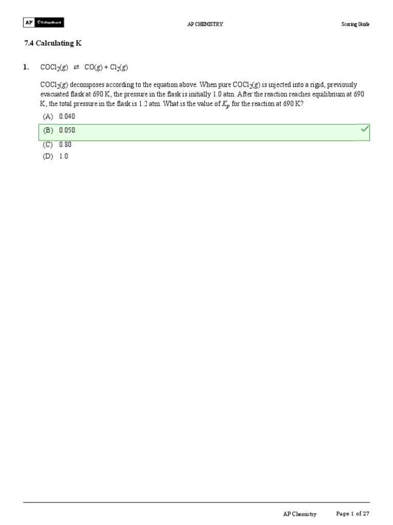 AP Chemistry Equilibrium Constant Kp Calculation | PDF | Chemical ...