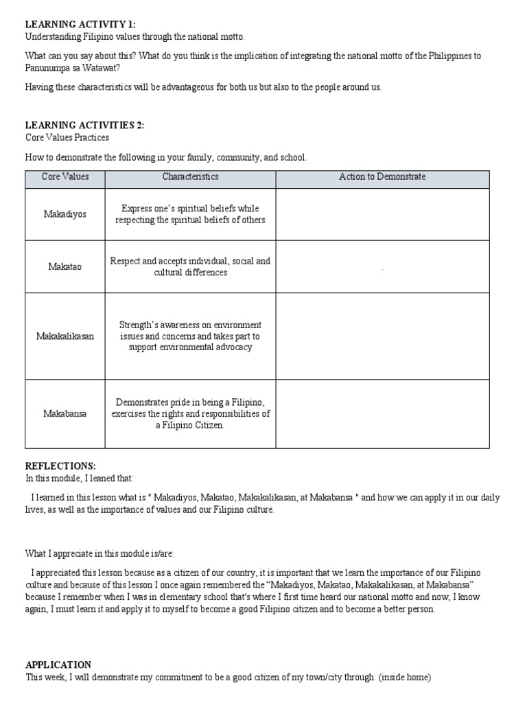 Filipino Values and National Motto Activities | PDF