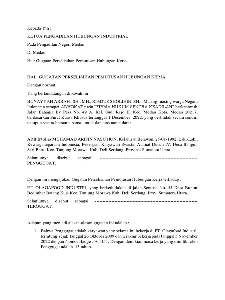 Gugatan PHK Karyawan PT Olagafood | PDF