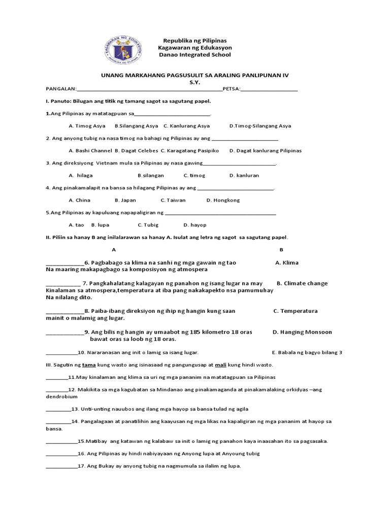 PT - Araling Panlipunan 4 - Q1 | PDF