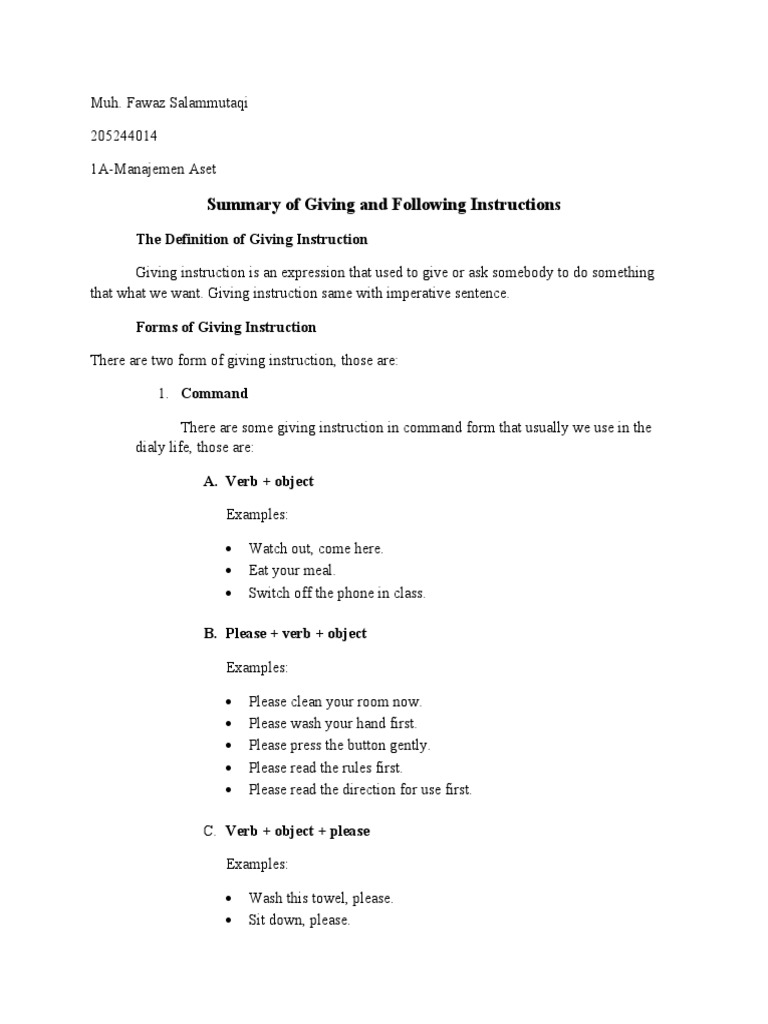 Muh. Fawaz Salammutaqi - Summary of Giving and Following Instructions | PDF