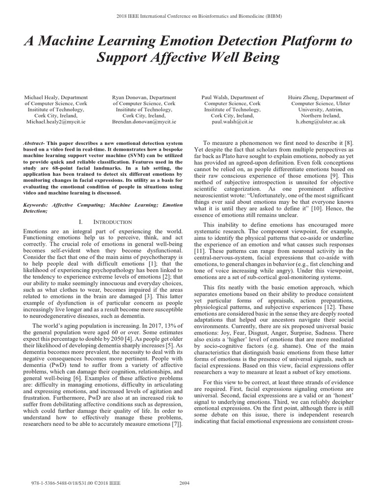 A Machine Learning Emotion Detection Platform To Support Affective Well